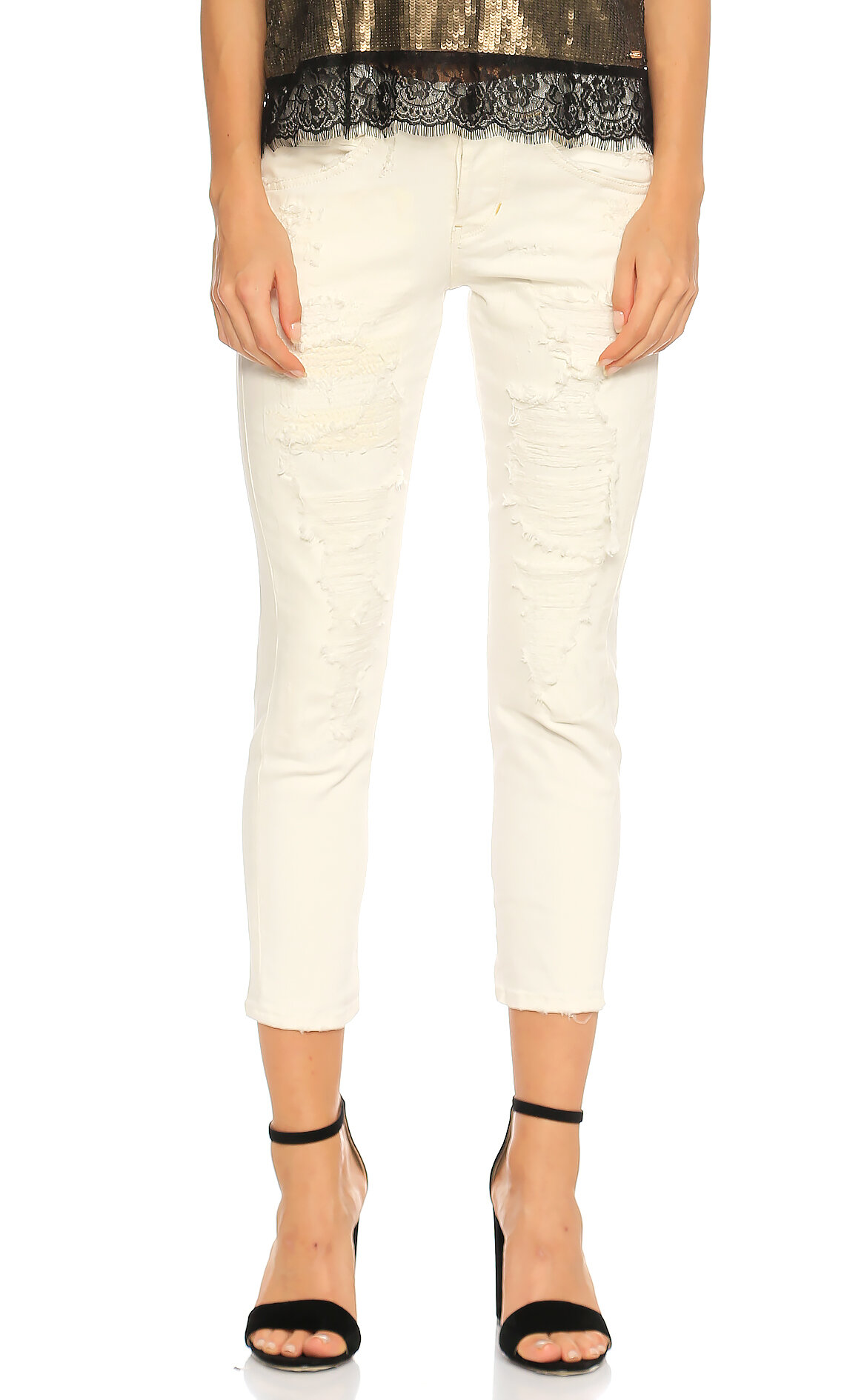 Guess-Guess Eskitme Desenli Jean Beyaz Pantolon