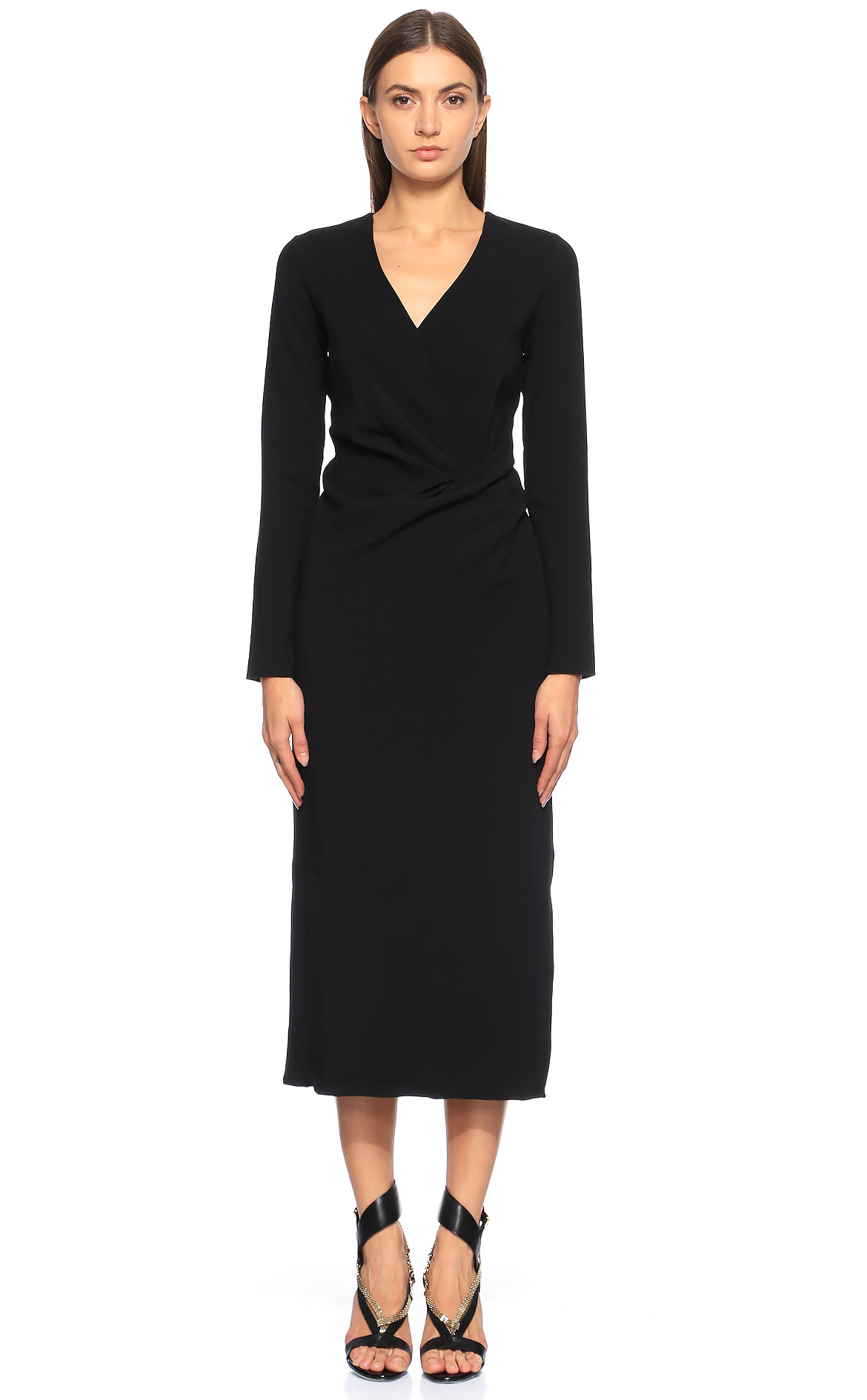 Lanvin-Lanvin V Yaka Midi Siyah Gece Elbisesi