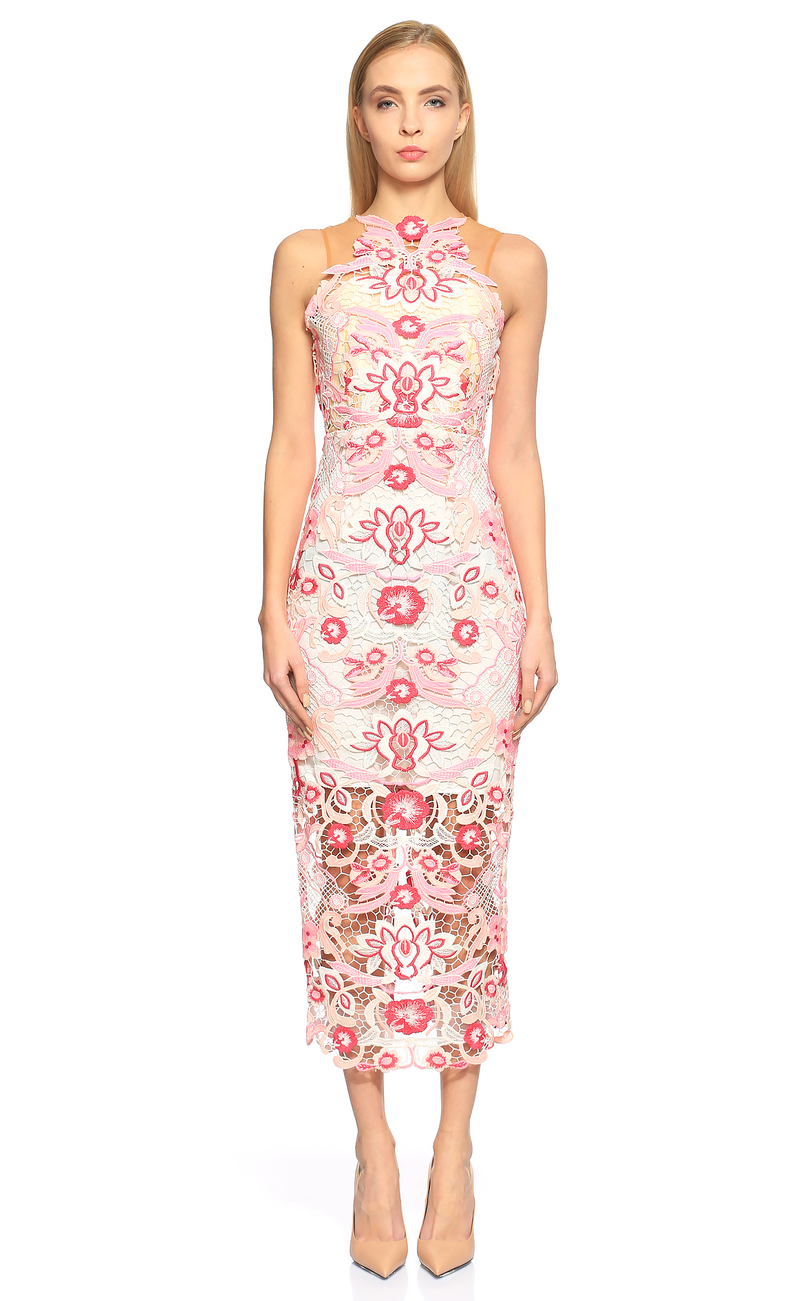 Thurley-Thurley Dantel İşlemeli Midi Pembe Elbise