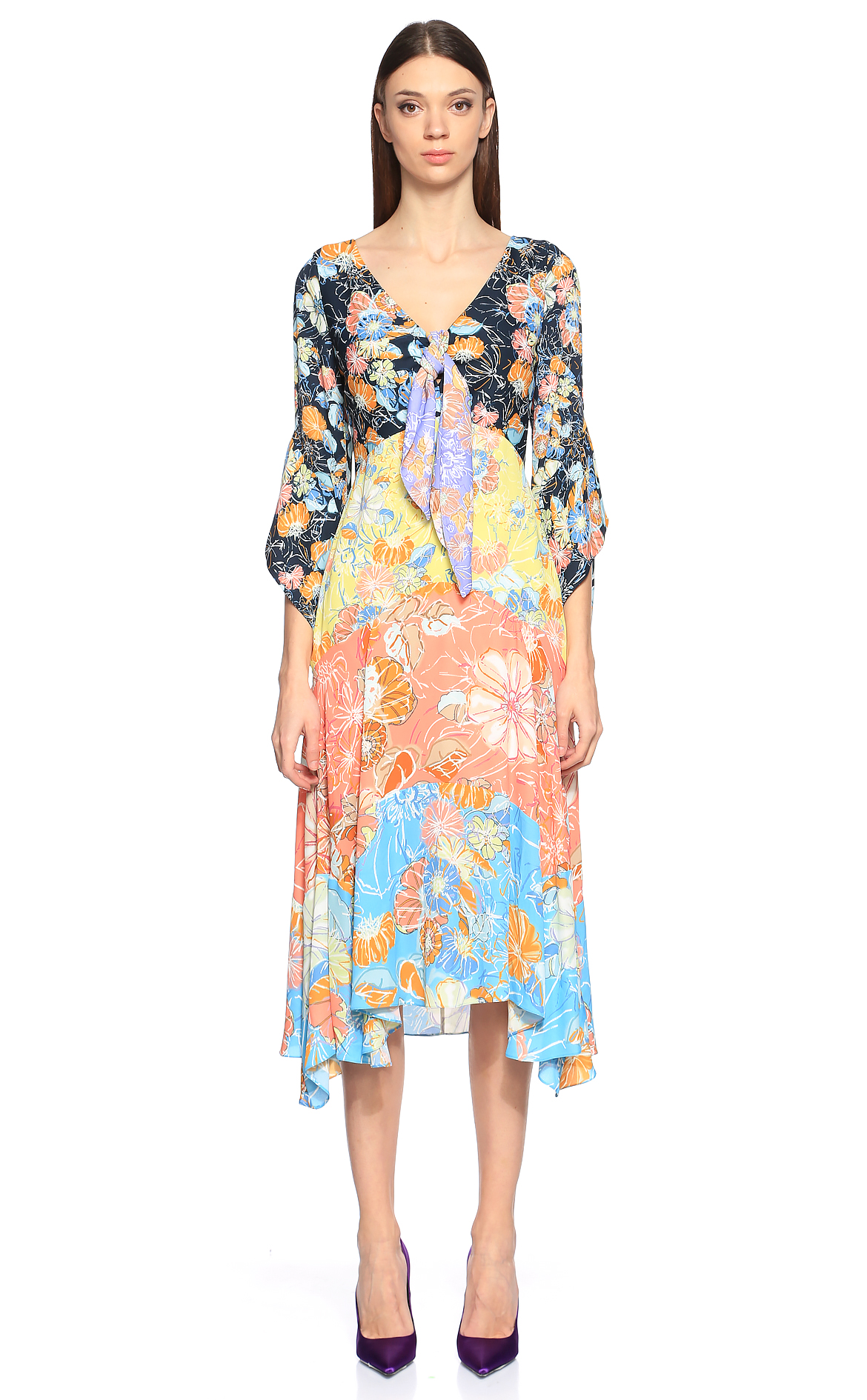 Peter Pilotto-Peter Pilotto Çiçek Desenli Midi Renkli Elbise