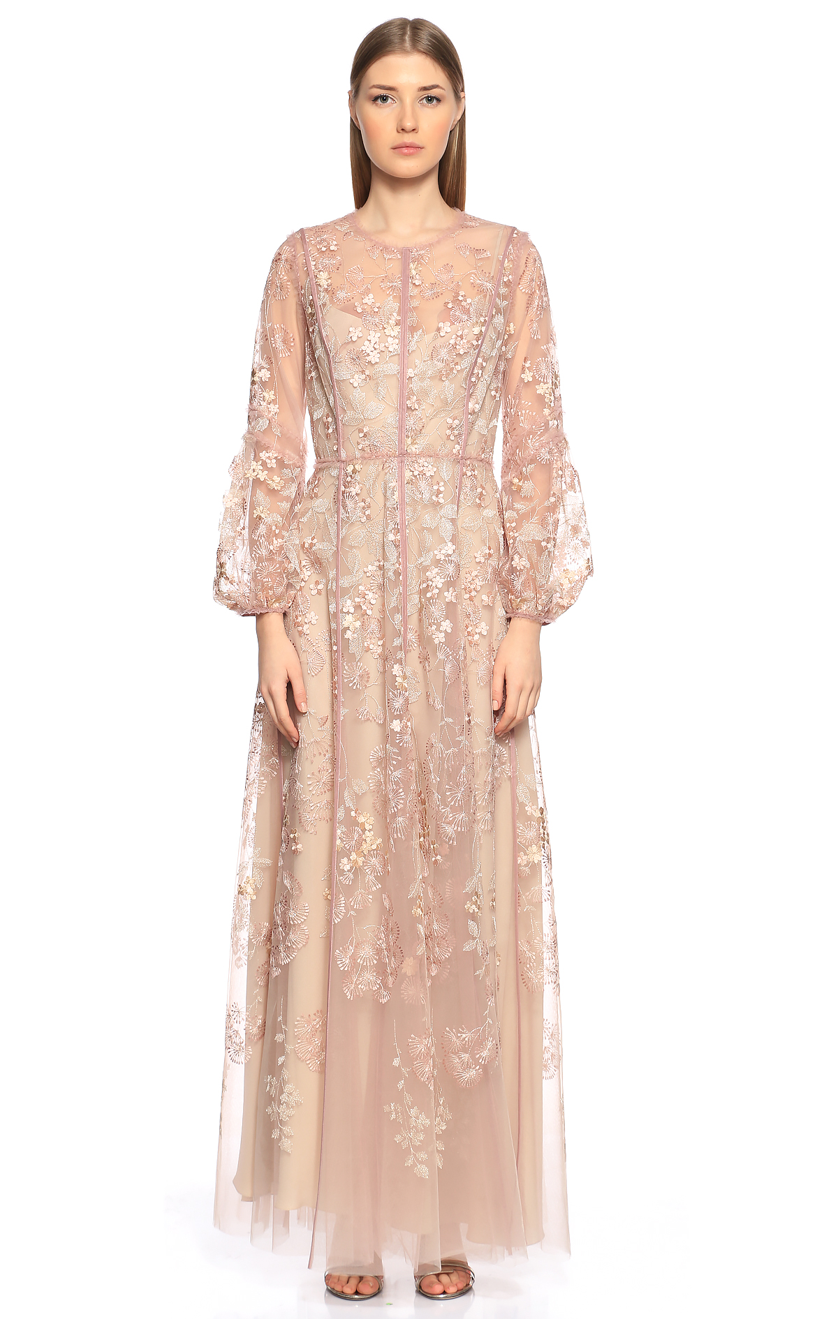 J. Mendel-J. Mendel Dantelli Pudra Uzun Gece Elbisesi
