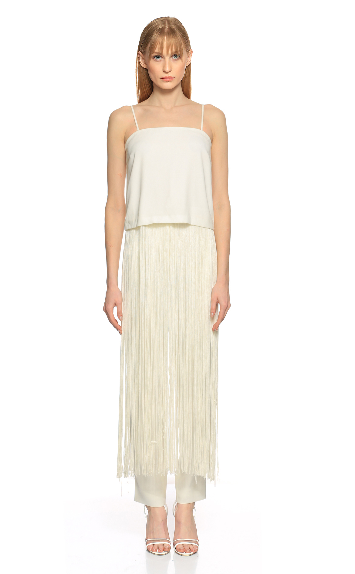 DKNY-DKNY Askılı Püsküllü Beyaz Bluz