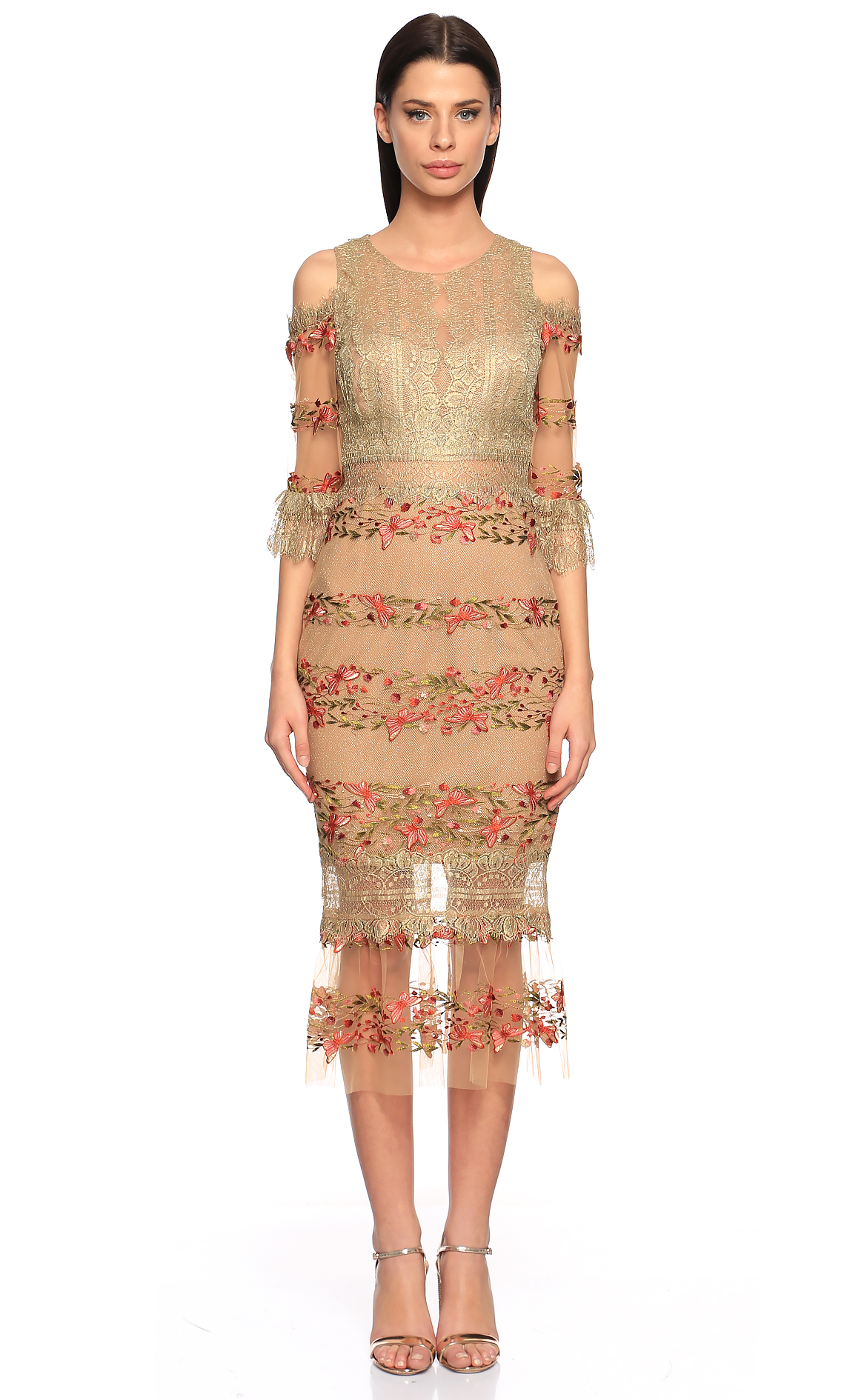 Marchesa Notte-Marchesa Notte Çiçek Desenli Altın Rengi Gece Elbisesi
