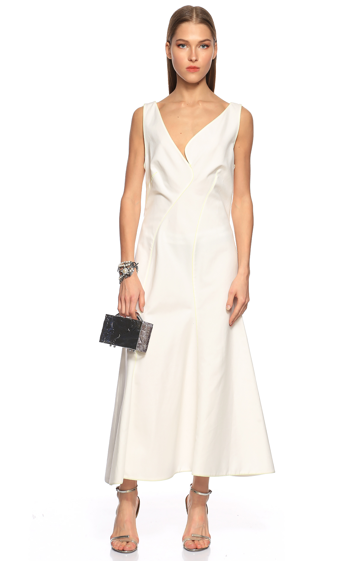 Mugler-Mugler V Yaka Midi Beyaz Elbise