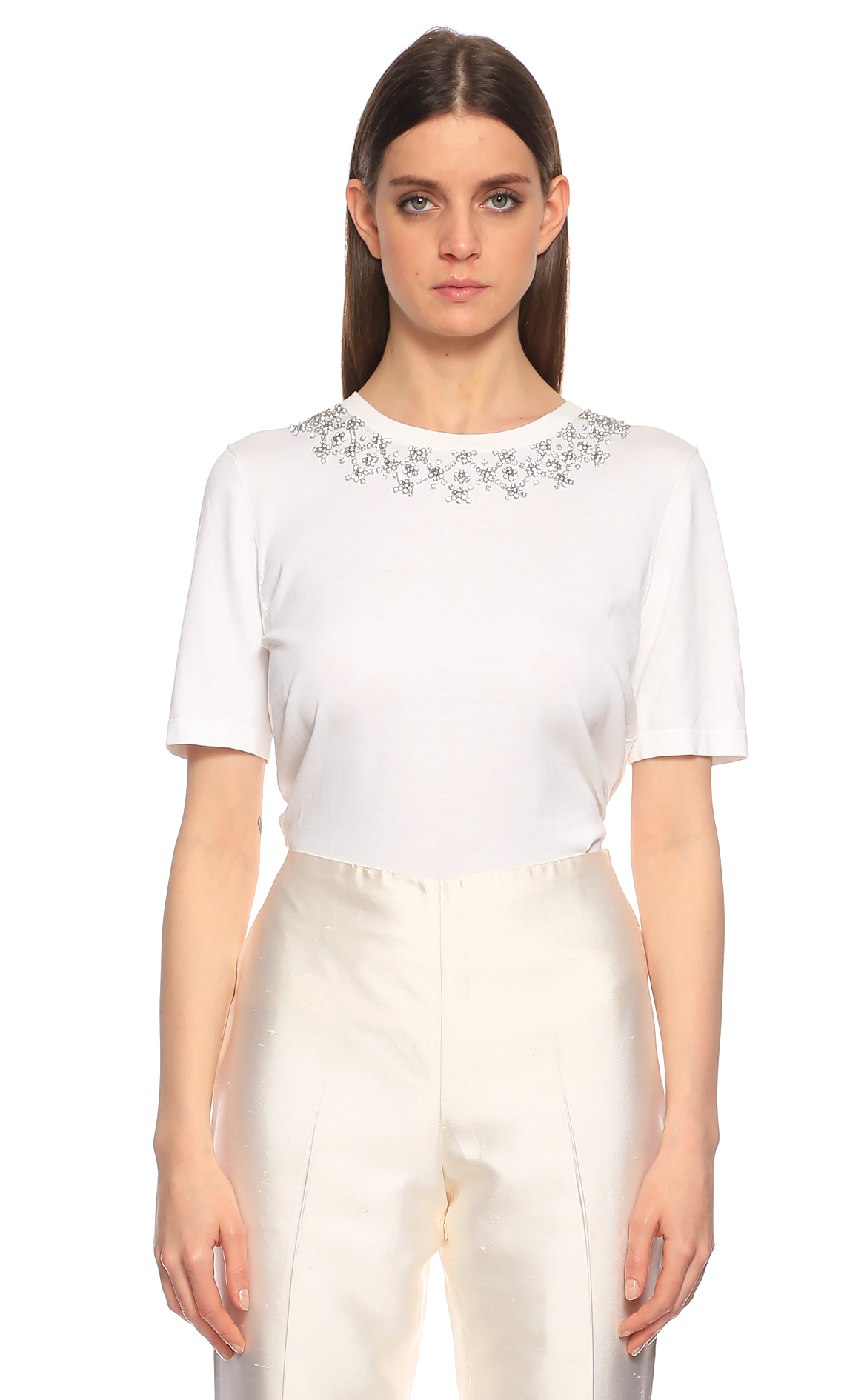 Michael Kors Collection-Michael Kors Collection Taş İşlemeli Beyaz Triko