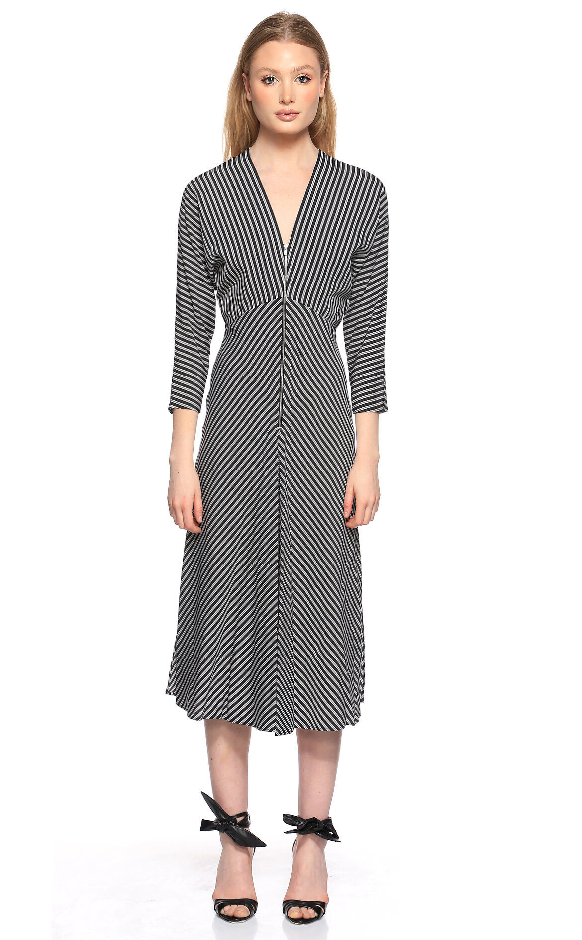 Maje-Maje Çizgili Midi Siyah-Beyaz Elbise