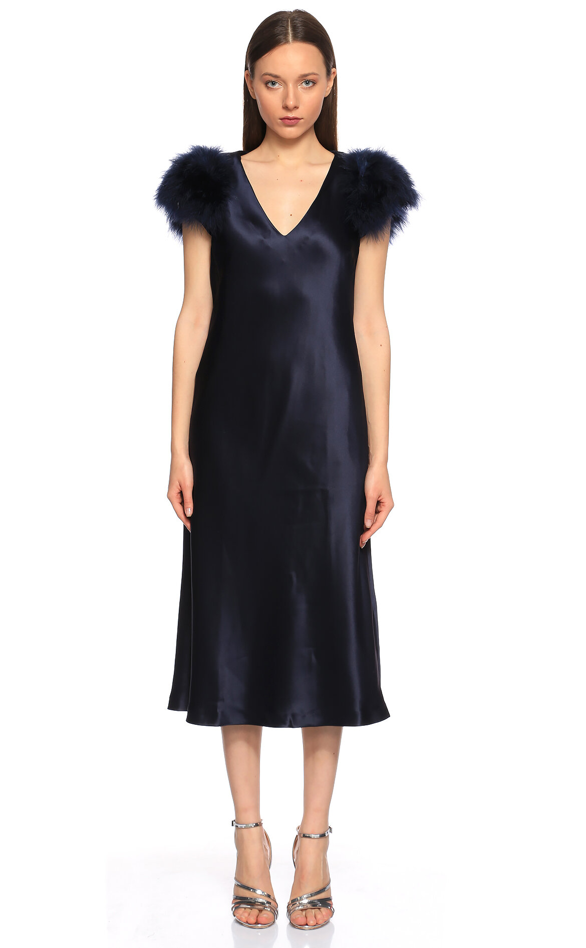 Salvatore Ferragamo-Salvatore Ferragamo Kolları Tüylü Lacivert Elbise