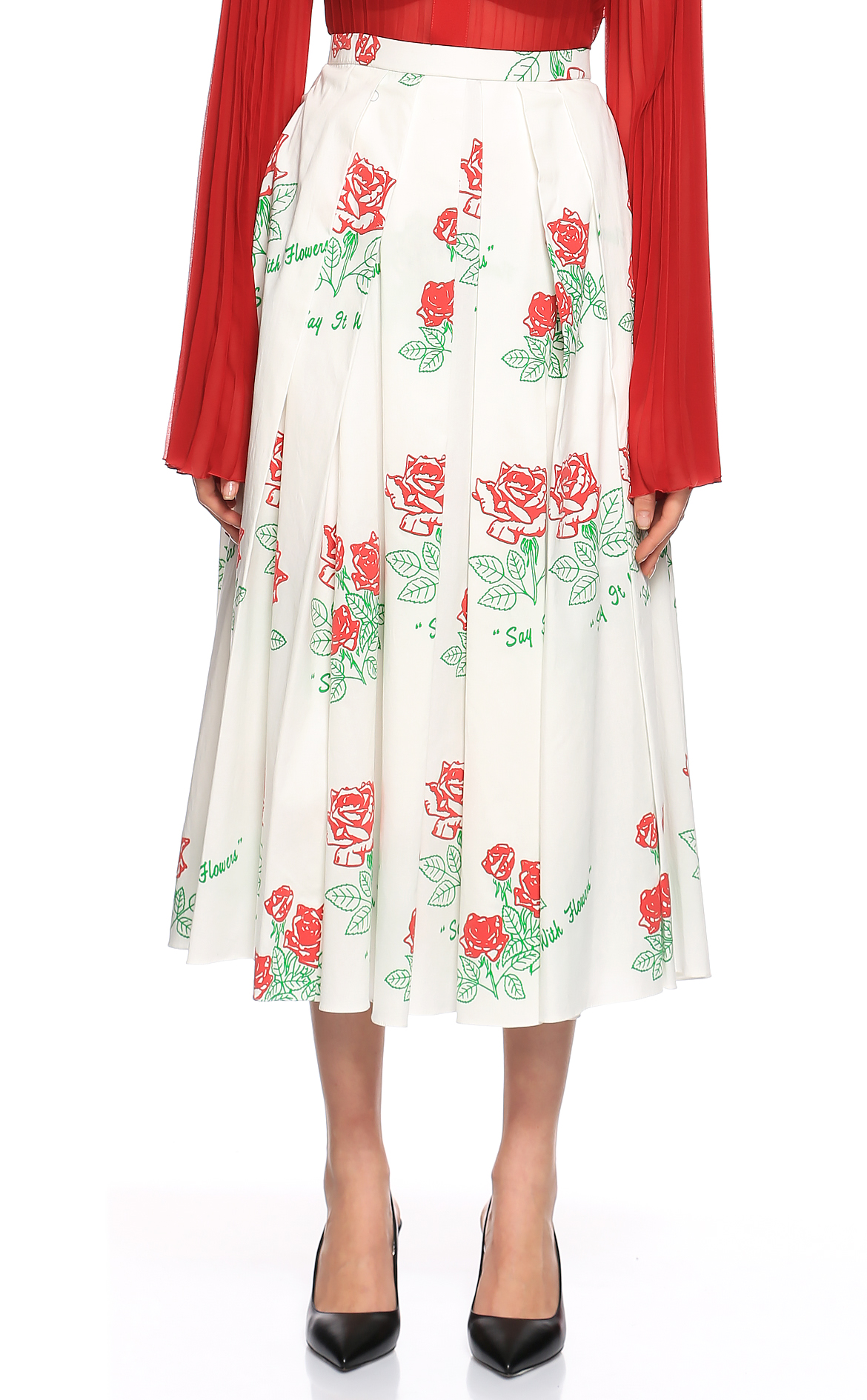 Rosie Assoulin-Rosie Assoulin Çiçek Desenli Midi Beyaz Etek