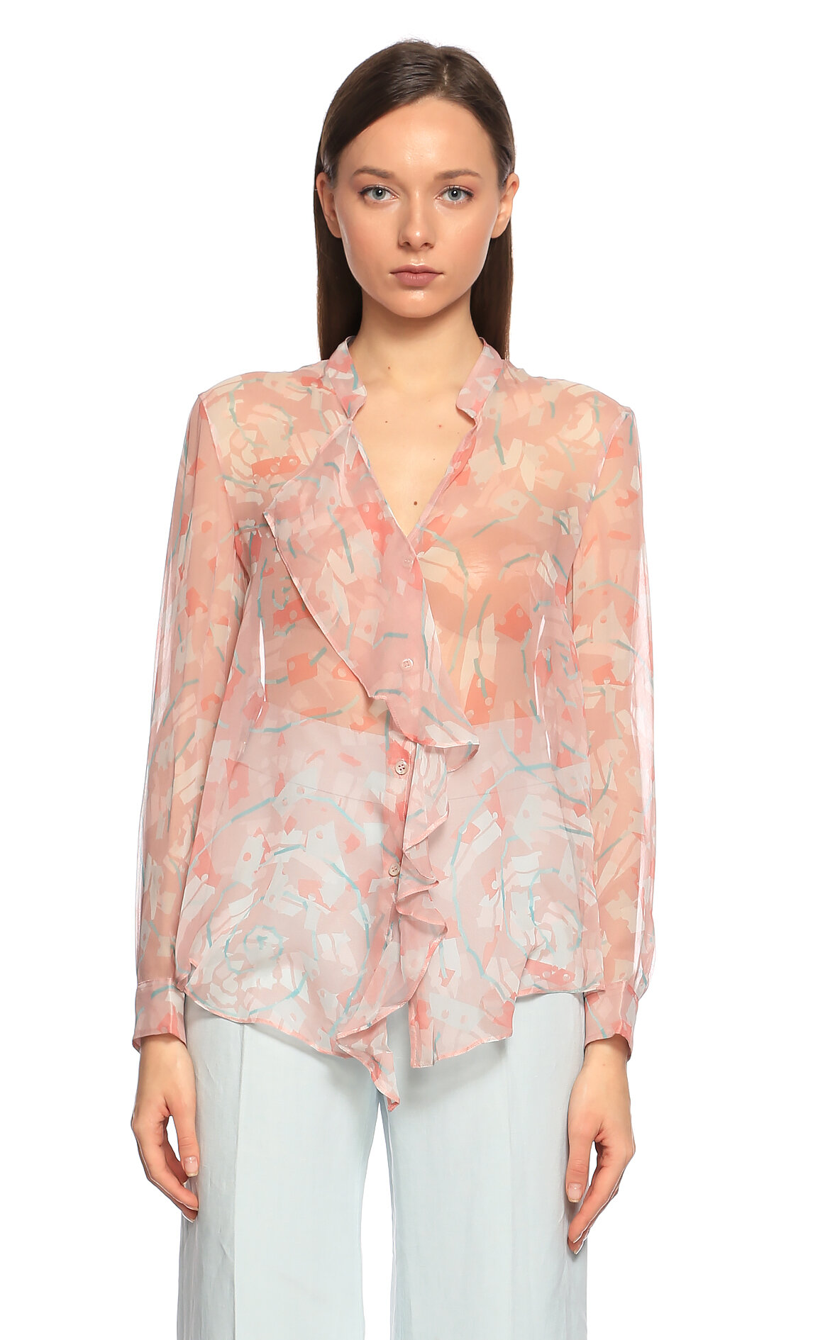 Armani Collezioni-Armani Collezioni Çiçek Desenli V Yaka Pembe Bluz