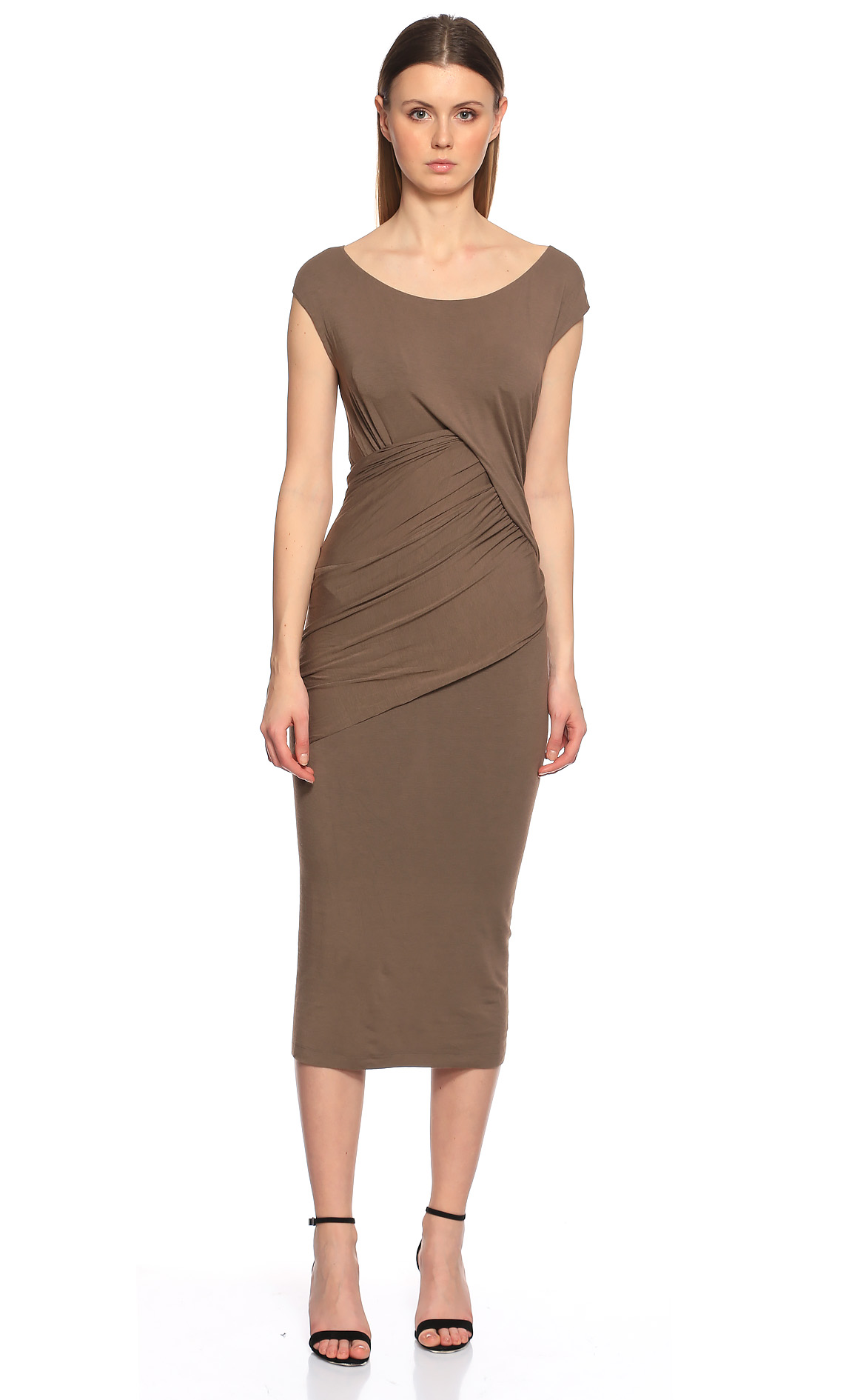 Donna Karan-Donna Karan Midi Açık Kahverengi Elbise