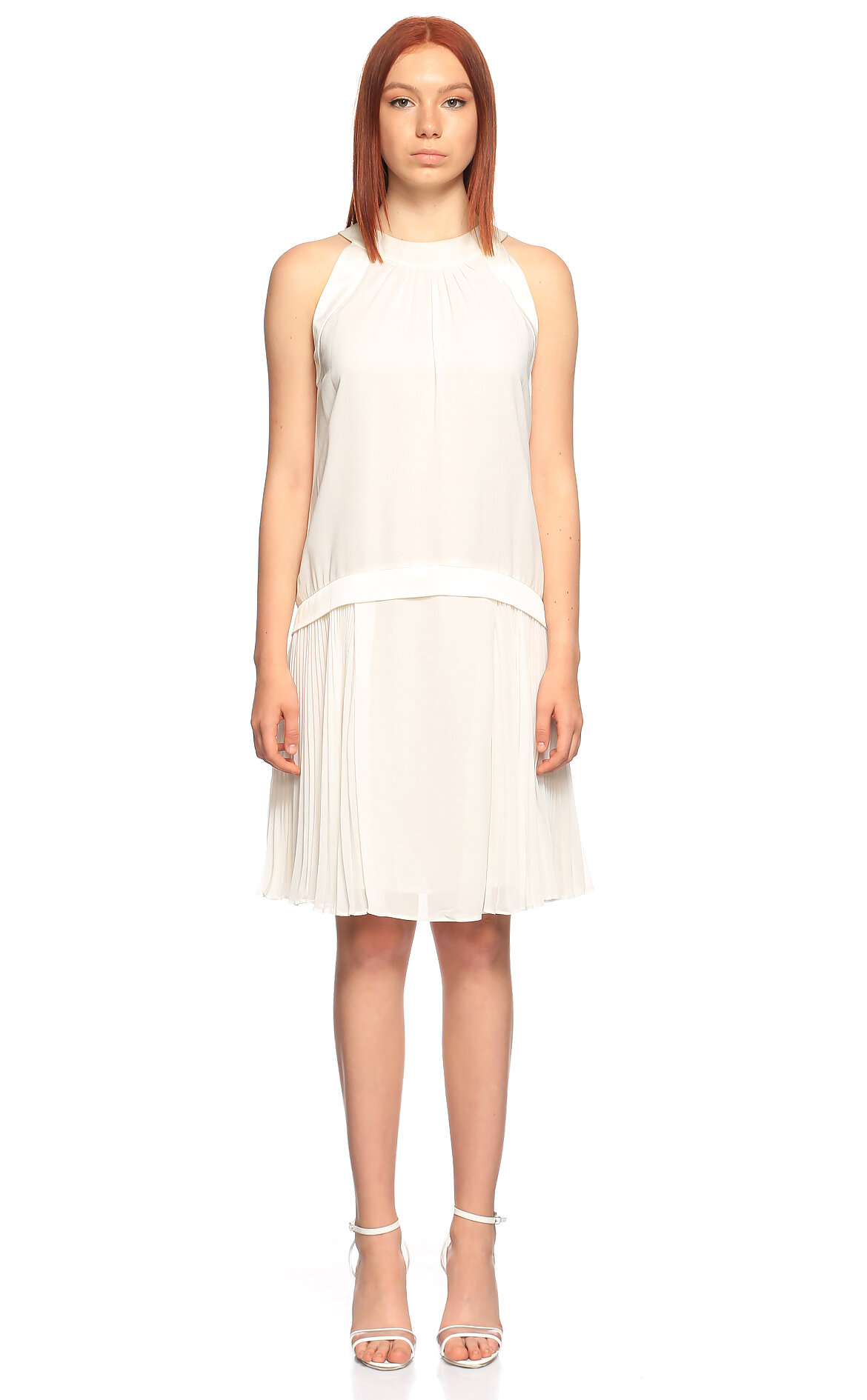 Philosophy Ferretti-Philosophy Ferretti Pile Detaylı Kolsuz Beyaz Elbise