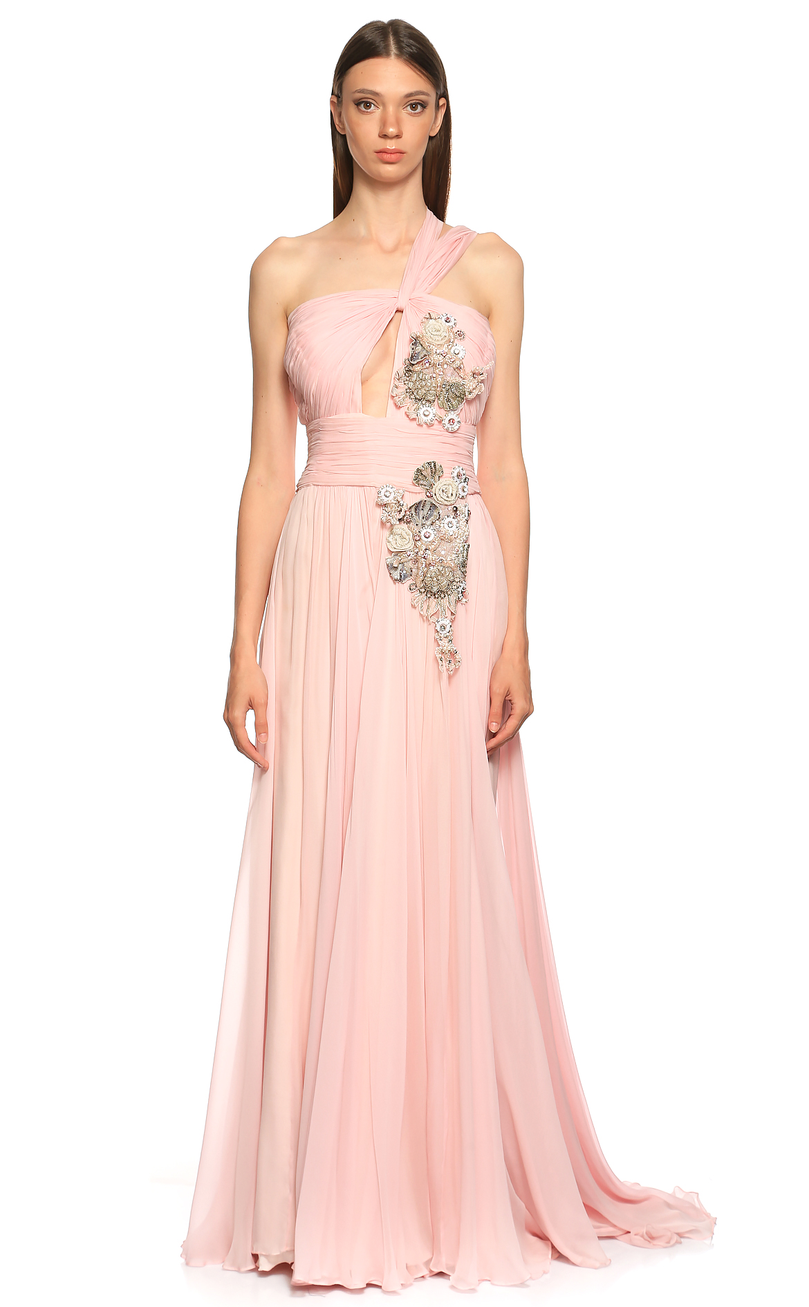 Zuhair Murad-Zuhair Murad İşleme Detaylı Tek Kollu Uzun Pembe Gece Elbisesi