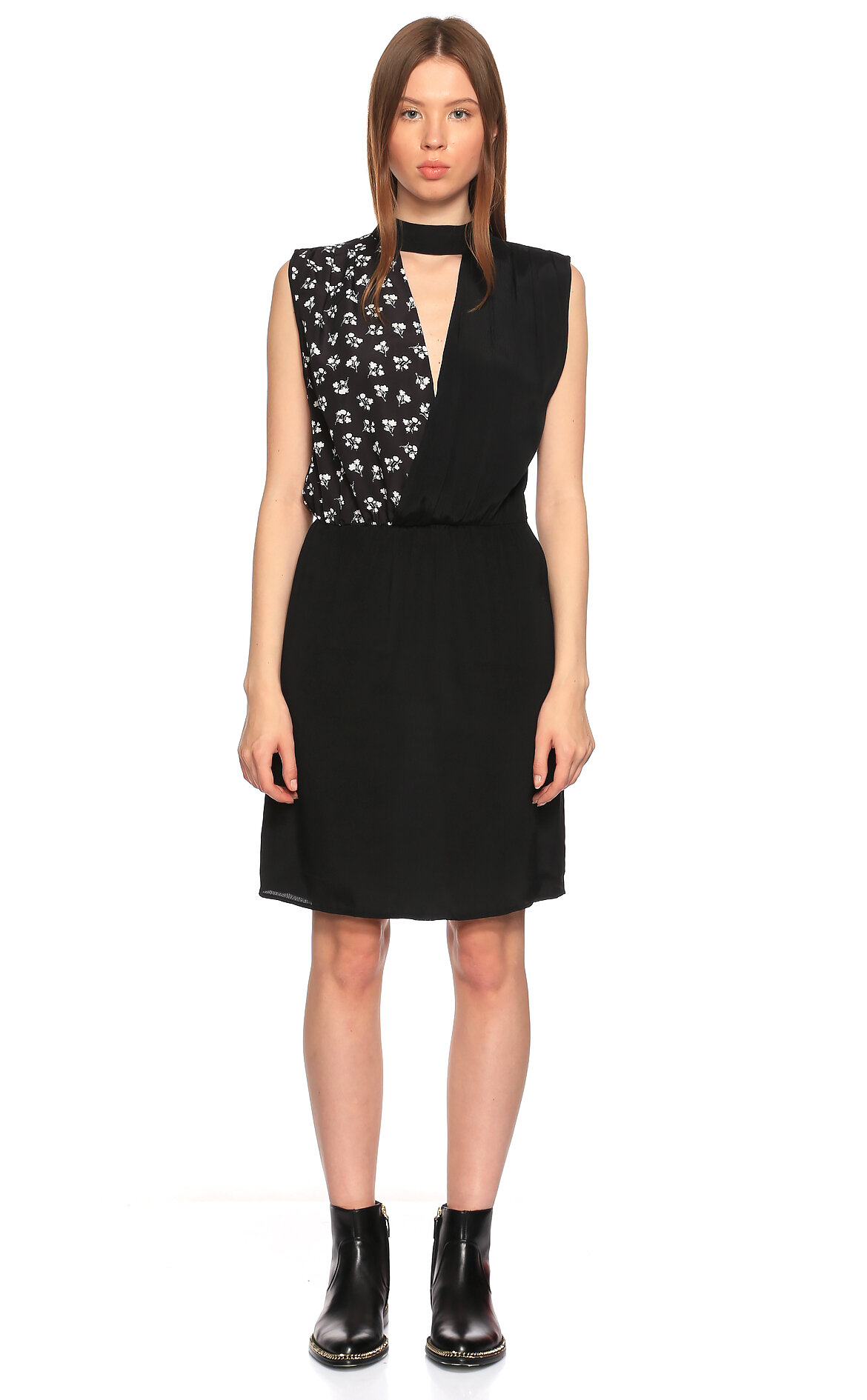 Costume National-Costume National Çiçek Desenli Kolsuz Sırt Dekolteli  Siyah Elbise