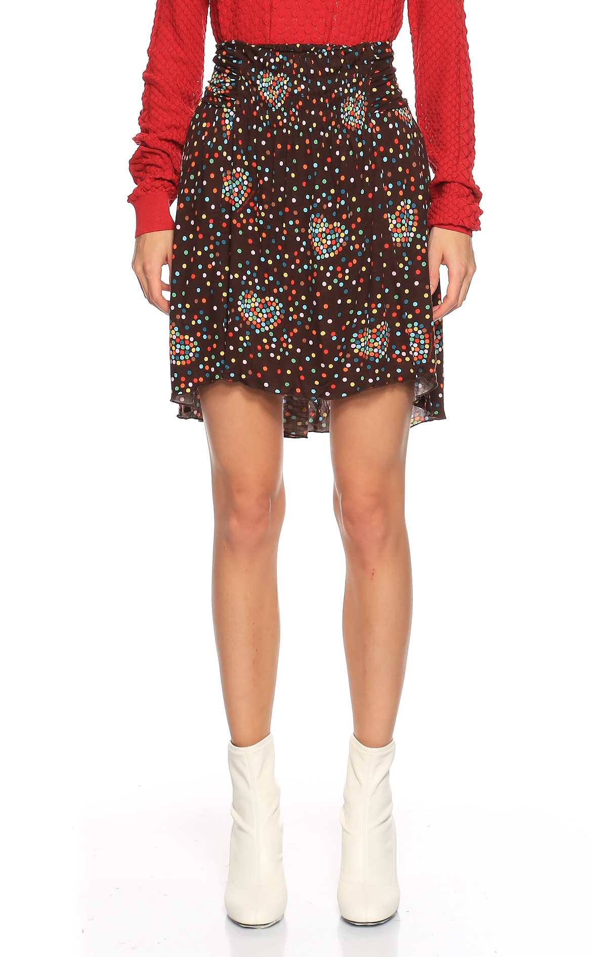 Fornarina Jeans-Fornarina Jeans Renkli Puantiyeli Mini Kahverengi Etek