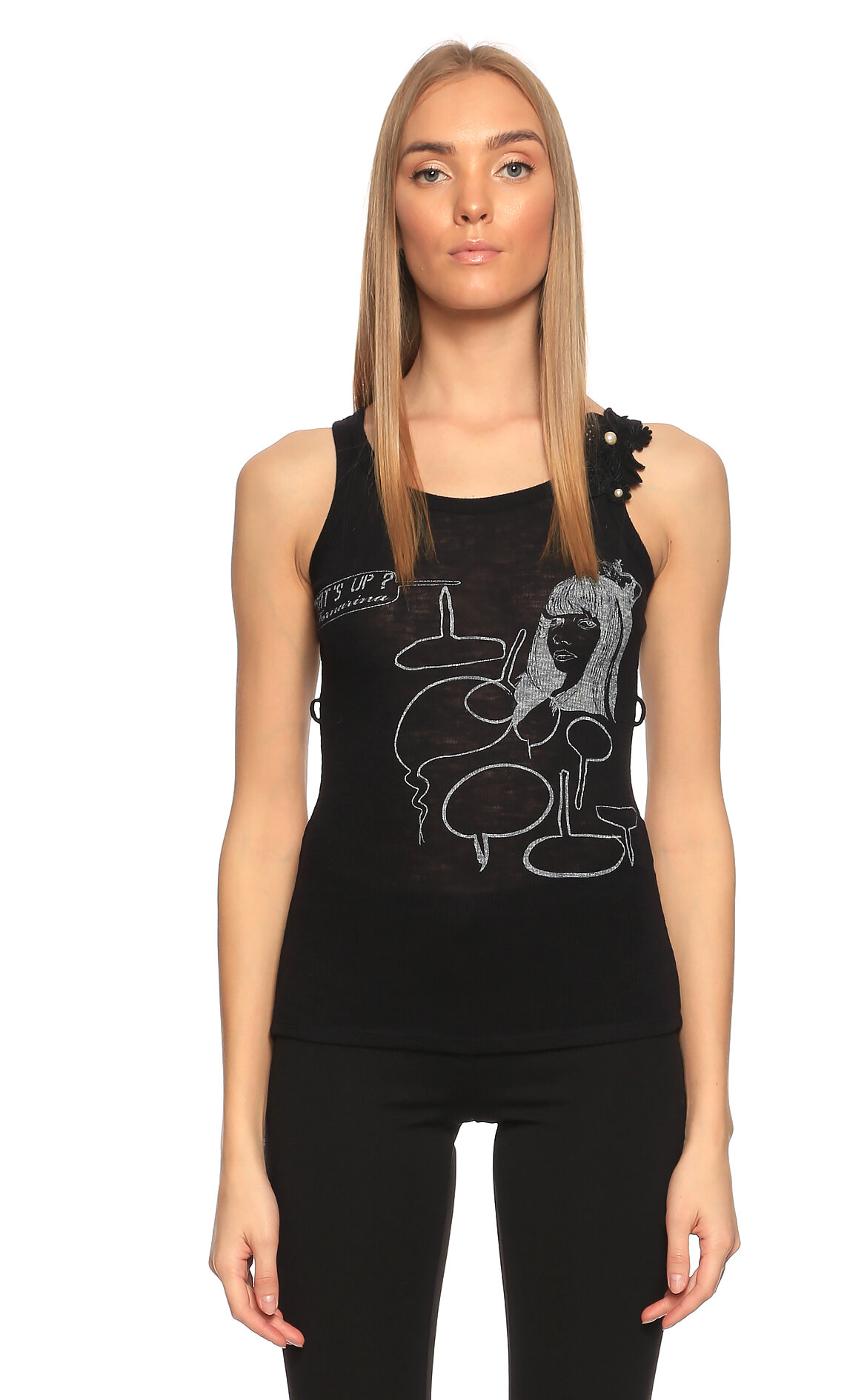 Fornarina Jeans-Fornarina Jeans Baskılı Kolsuz Siyah T-Shirt