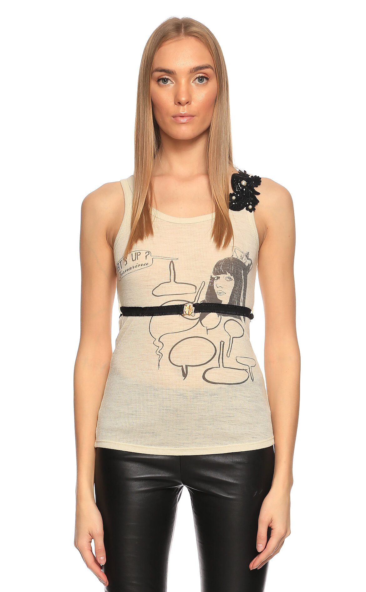 Fornarina Jeans-Fornarina Jeans Baskılı Kolsuz Krem T-Shirt