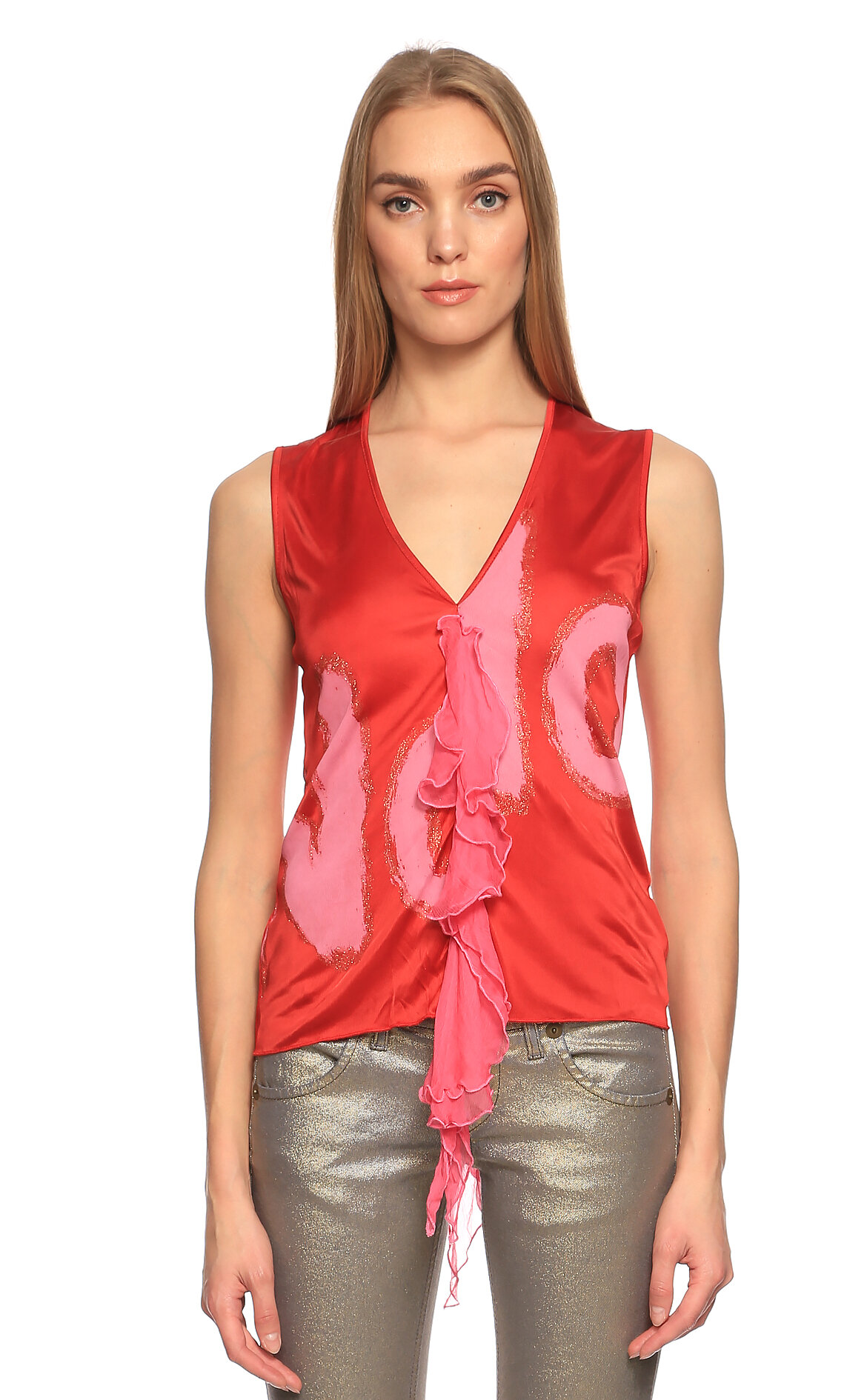 Fornarina Jeans-Fornarina Jeans V Yaka Kolsuz Kırmızı Pembe T-Shirt