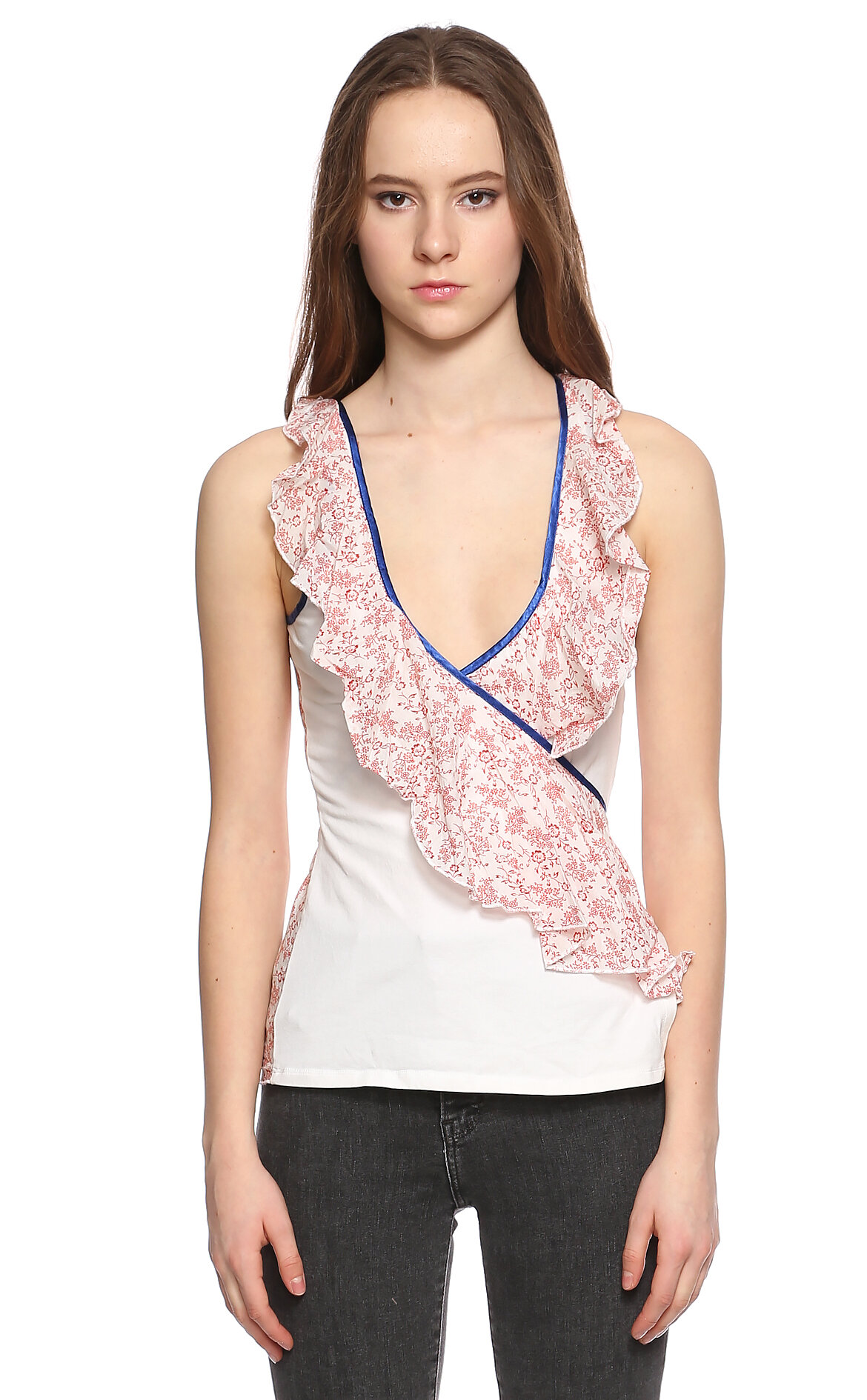 Fornarina Jeans-Fornarina Jeans Kruvaze Çiçek Desenli Beyaz Kırmızı Bluz