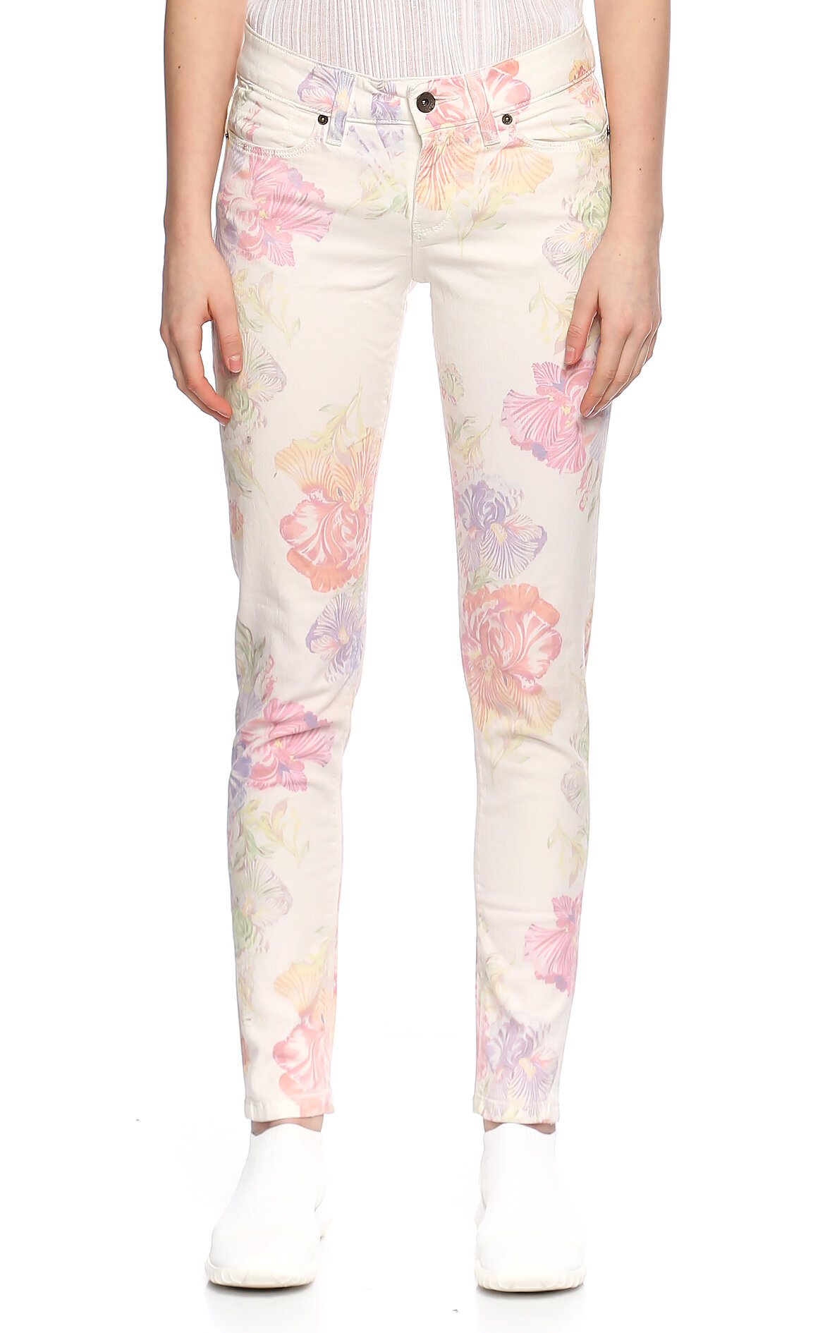 Guess-Guess Çiçek Desenli Skinny Beyaz Pantolon