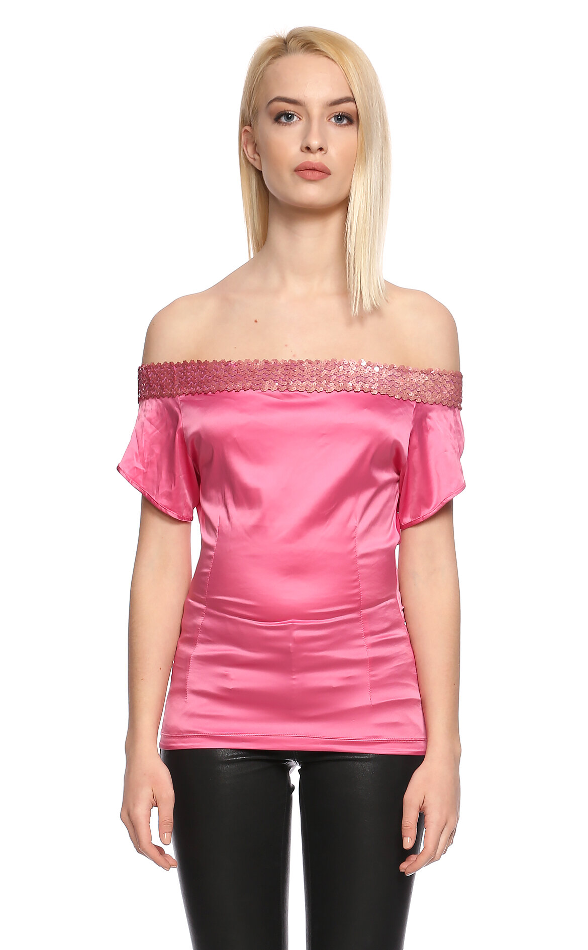 Fornarina Jeans-Fornarina Jeans İşleme Detaylı Kayık Yakalı Pembe Bluz