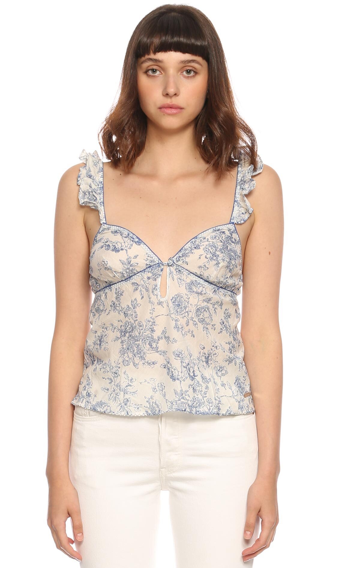 Fornarina Jeans-Fornarina Jeans Çiçek Desenli Kolsuz Mavi Beyaz T-Shirt Fornarina Jeans-Fornarina Jeans Çiçek Desenli Kolsuz Mavi Beyaz T-Shirt