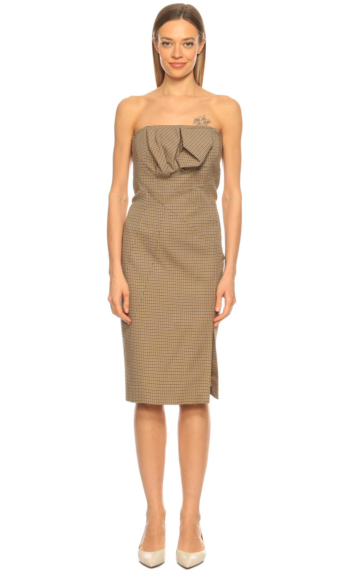 Michael Kors Collection-Michael Kors Collection Kareli Straplez Bej Elbise