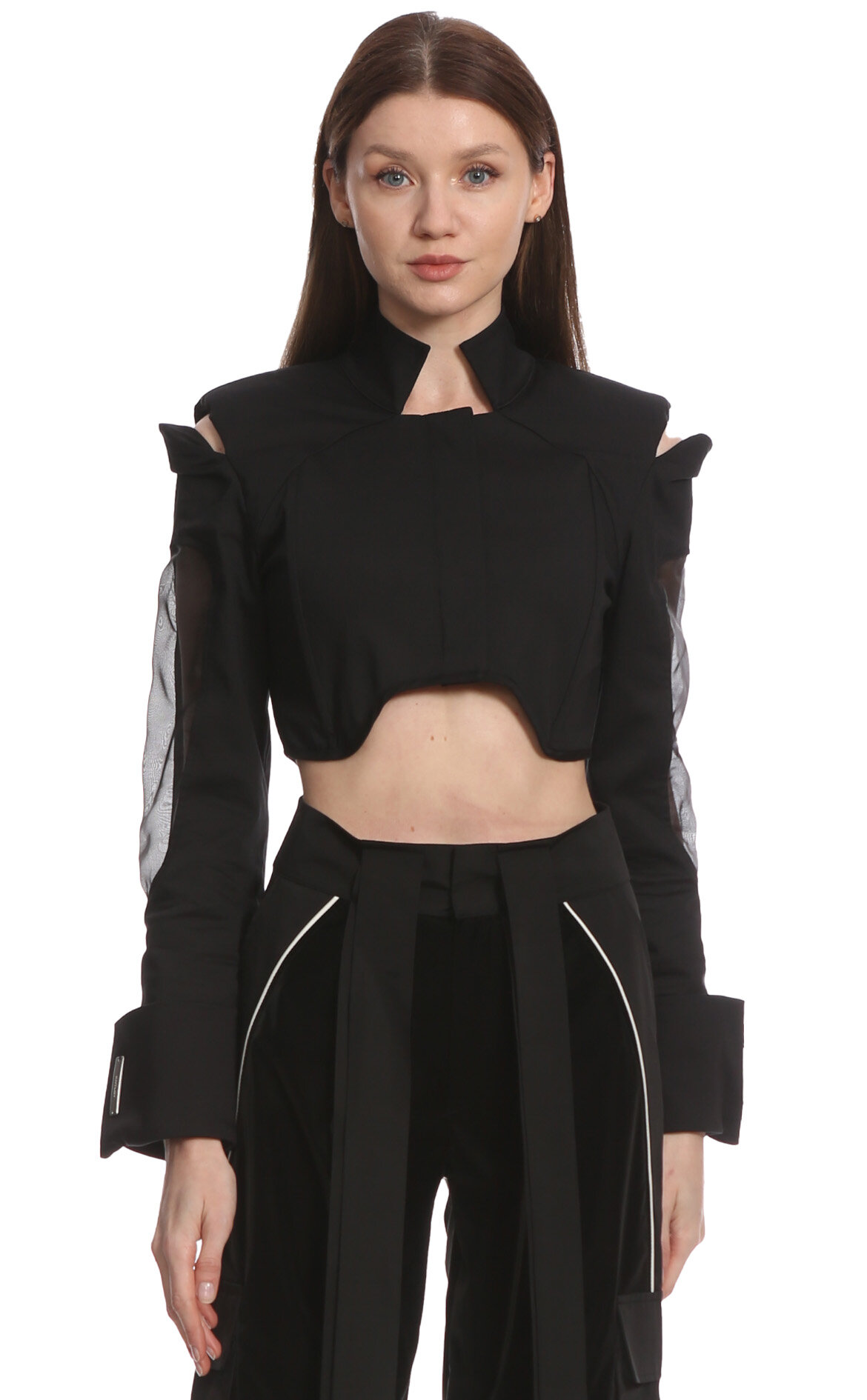 Knitology-KNTLGY Black Organza Woven Crop Shirt